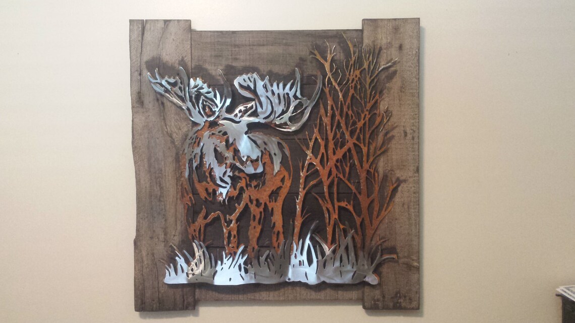Rustic Mist Moose 3d-layered Metal Art With Reclaimed Rustic Frame ...