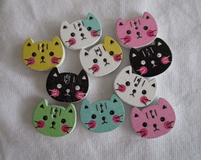 Pack 10 wooden Cat buttons 15mm. Cat, feline, kitten, kitty buttons in ...