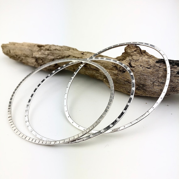 Silver oval bangle sterling silver bracelet patterned | Etsy