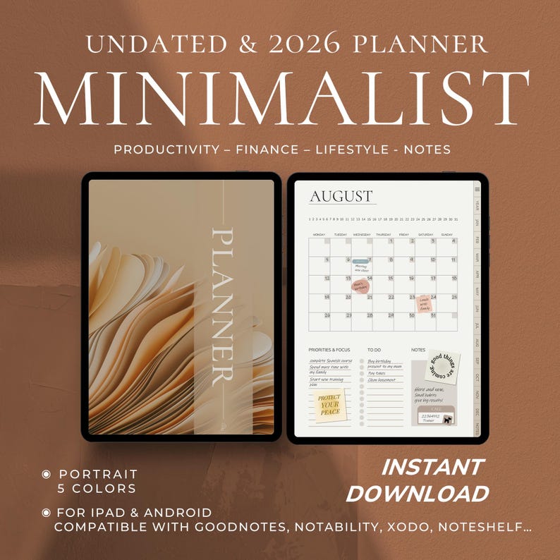 Minimalist Planner 2026 + Undated Portrait Digital Planner Hyperlinked ...