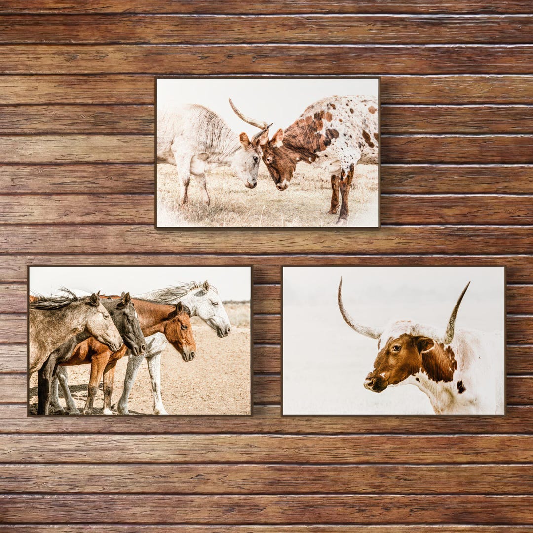 Wall Art Set of 3 Western Prints - Set of Three Canvas - Sepia Longhorn ...