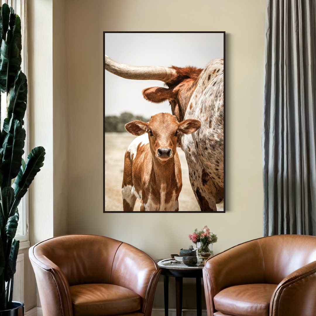 Texas Longhorn Calf and Cow Canvas Print - Large Cowboy Western Wall ...