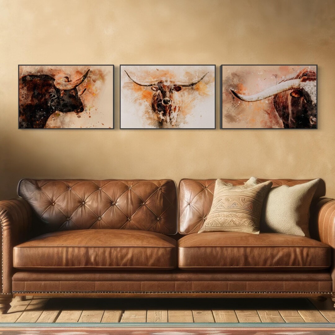 Texas Longhorn Decor - Set of 3 Longhorn Canvas Prints - Three Piece ...