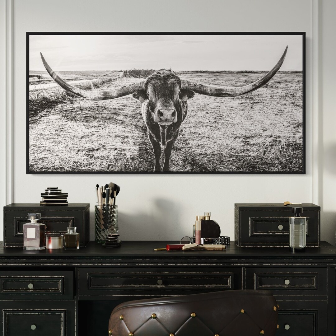 Large Panoramic Wall Art Black and White Texas Longhorn Bull Print ...