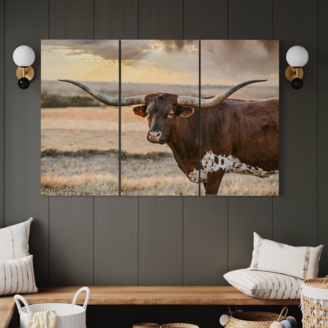 Western Wall Mural 3 Piece Canvas Art Texas Longhorn Wall Art Triptych ...