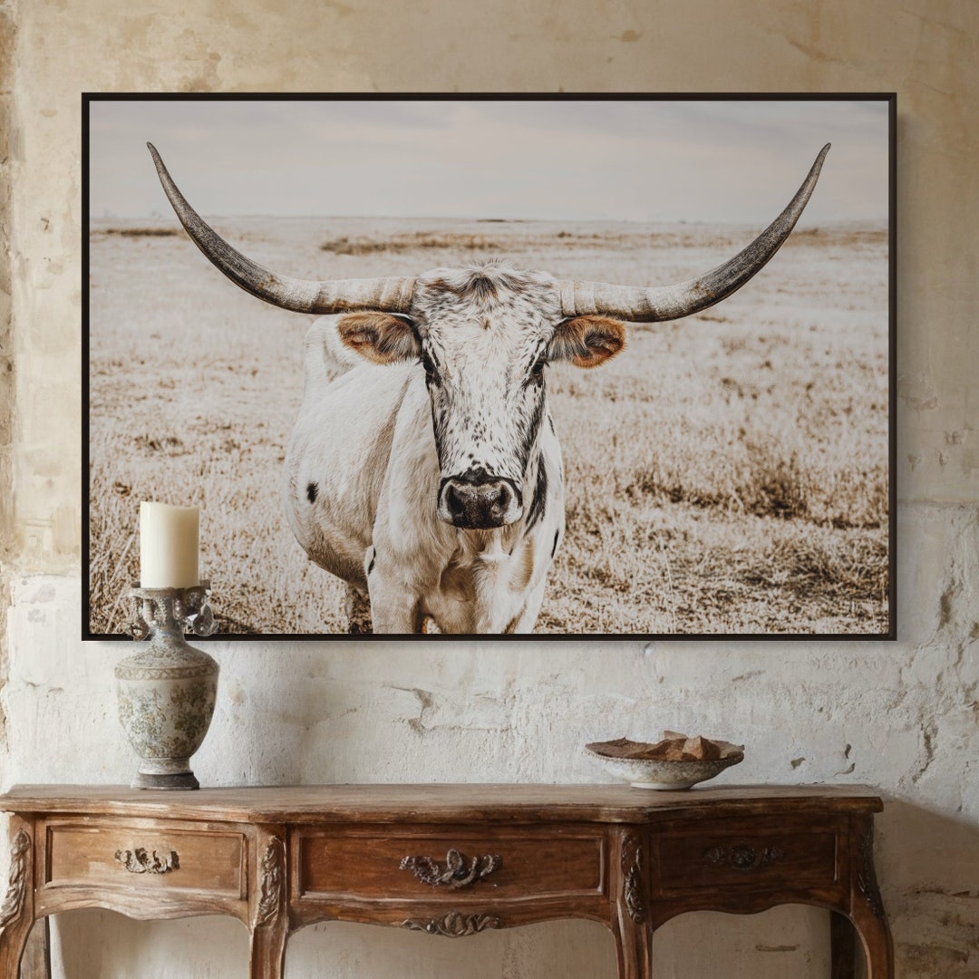 Boho Western Decor Texas Longhorn Canvas Print Cow Picture Neutral ...