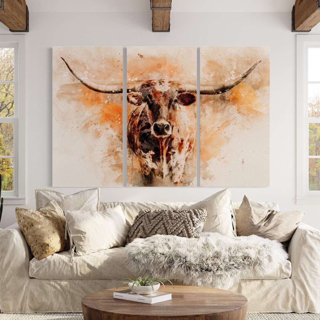 Large 3 Piece Canvas Triptych - Modern Western Longhorn Wall Art ...