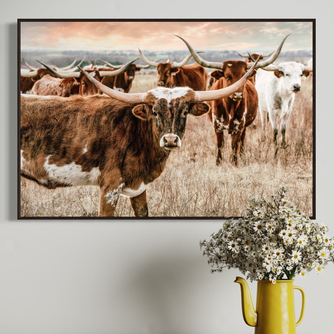 Wall Art Canvas Framed Longhorn Wall Art Western Decor Cow Canvas Print ...