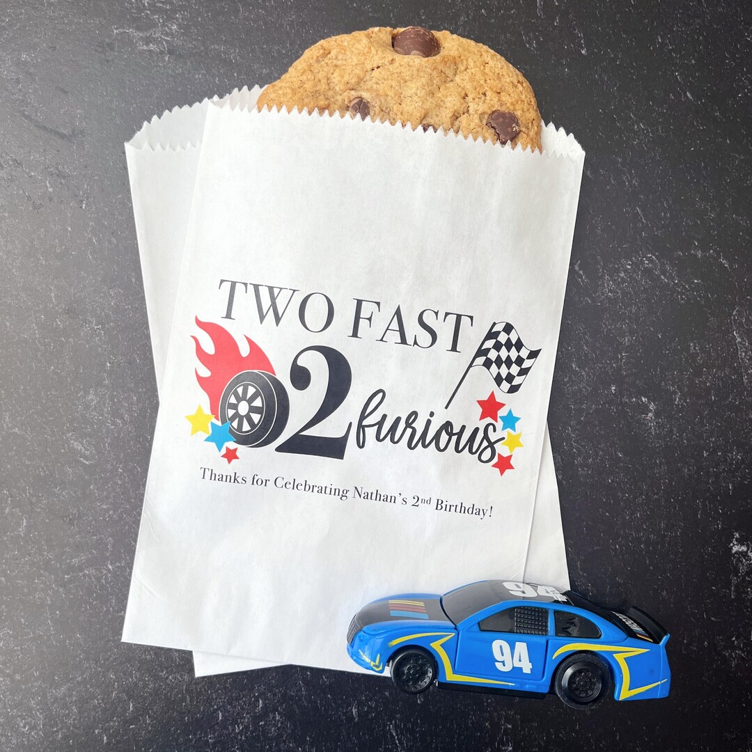 Two Fast 2nd Birthday Party Favor Bags // Personalized, Lined Grease ...