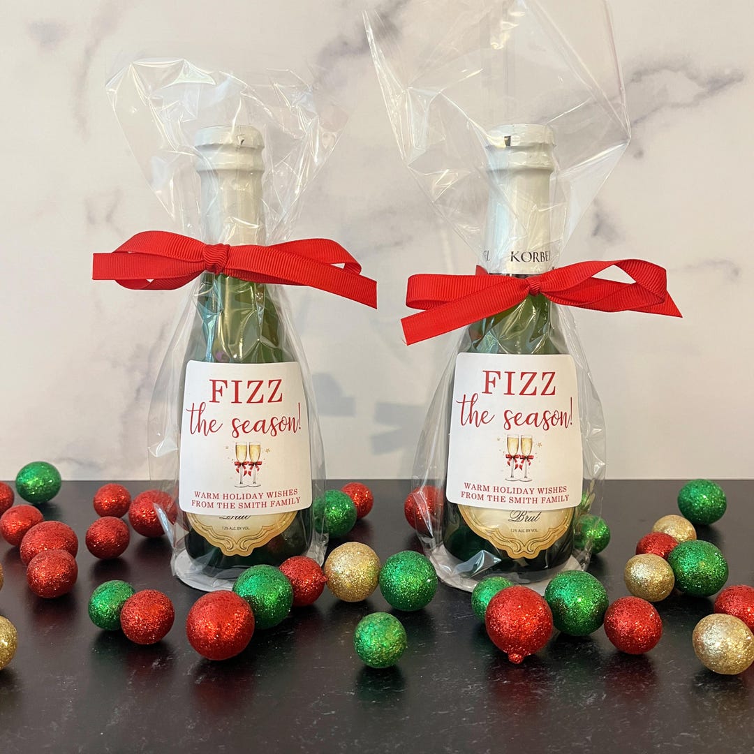 Personalized Christmas Champagne Bags & Ribbon - Holiday Party Favors ...