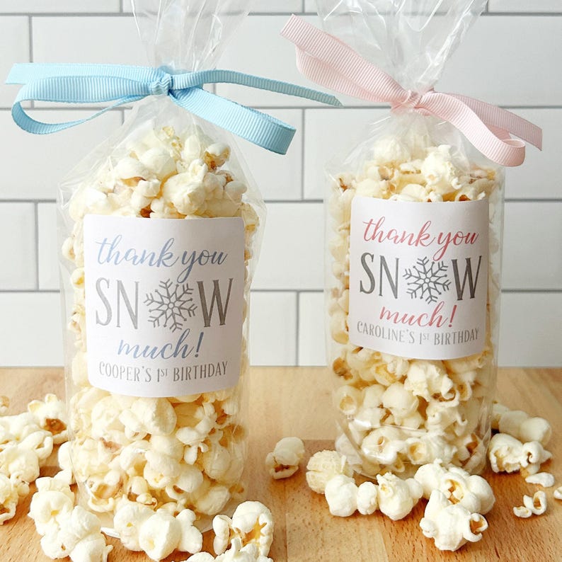 Snow Much Birthday Party Favors - Personalized Popcorn Bags With Ribbon ...