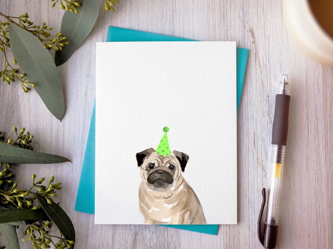 Pug birthday card dog greeting card pug notecard | Etsy