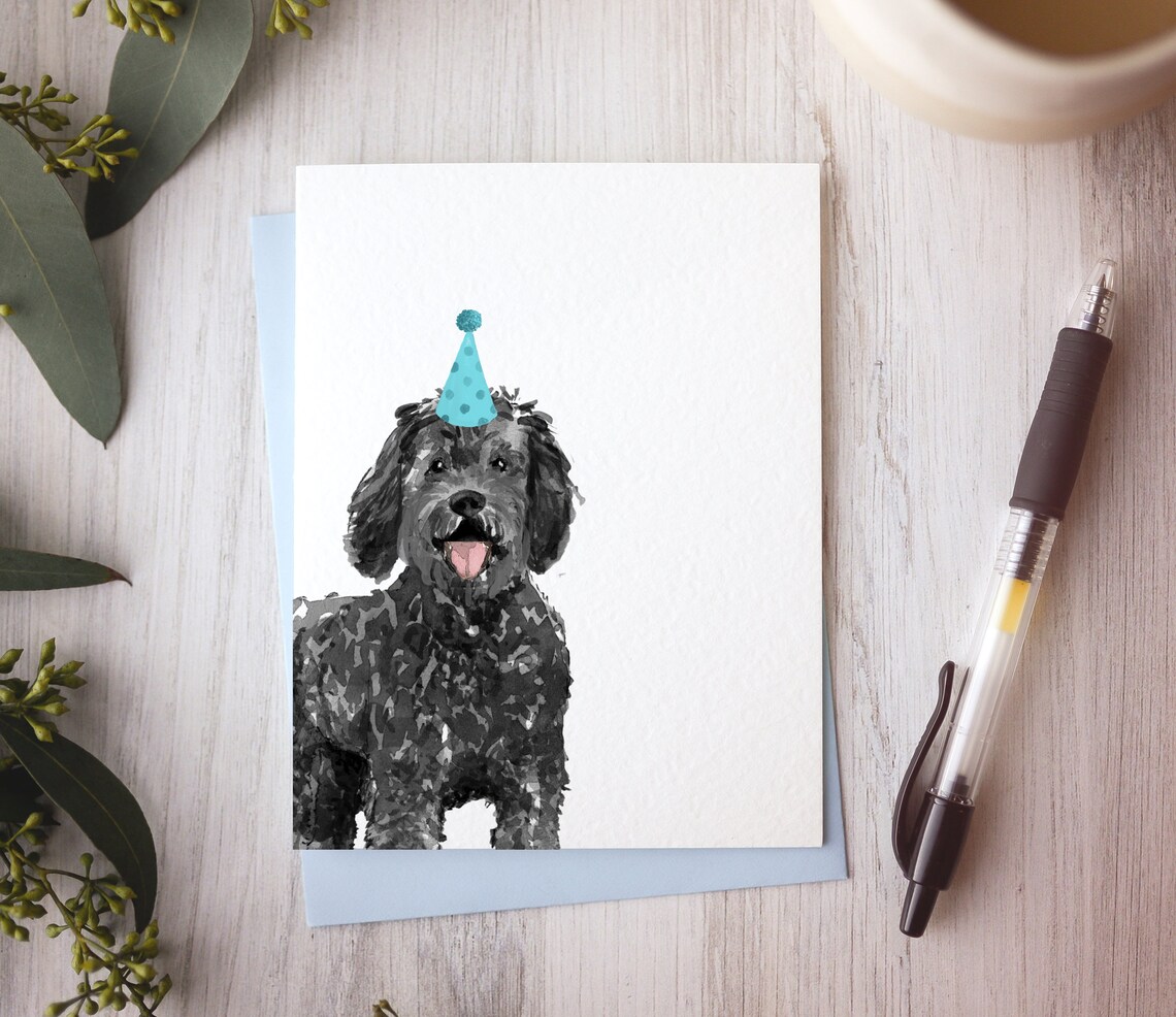 Labradoodle Birthday Card Handmade Dog Card Watercolor Black - Etsy Sweden