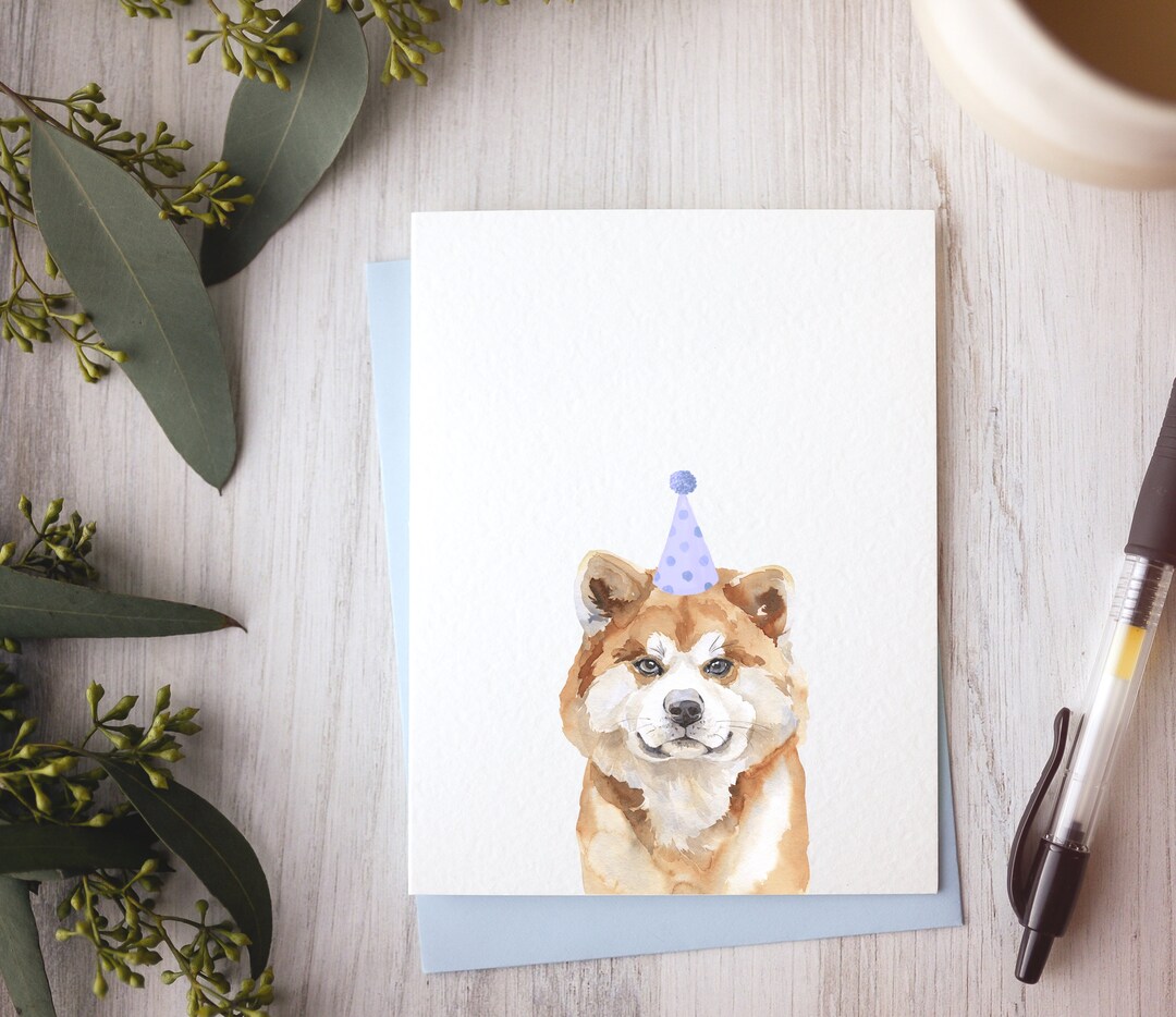 Shiba Inu Birthday Card, Akita Card, Handmade Dog Card, Watercolor Dog ...