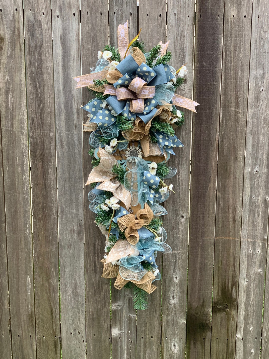 Rustic Blue Swag With Cross for Front Door Year-round Blue Cross Wreath ...