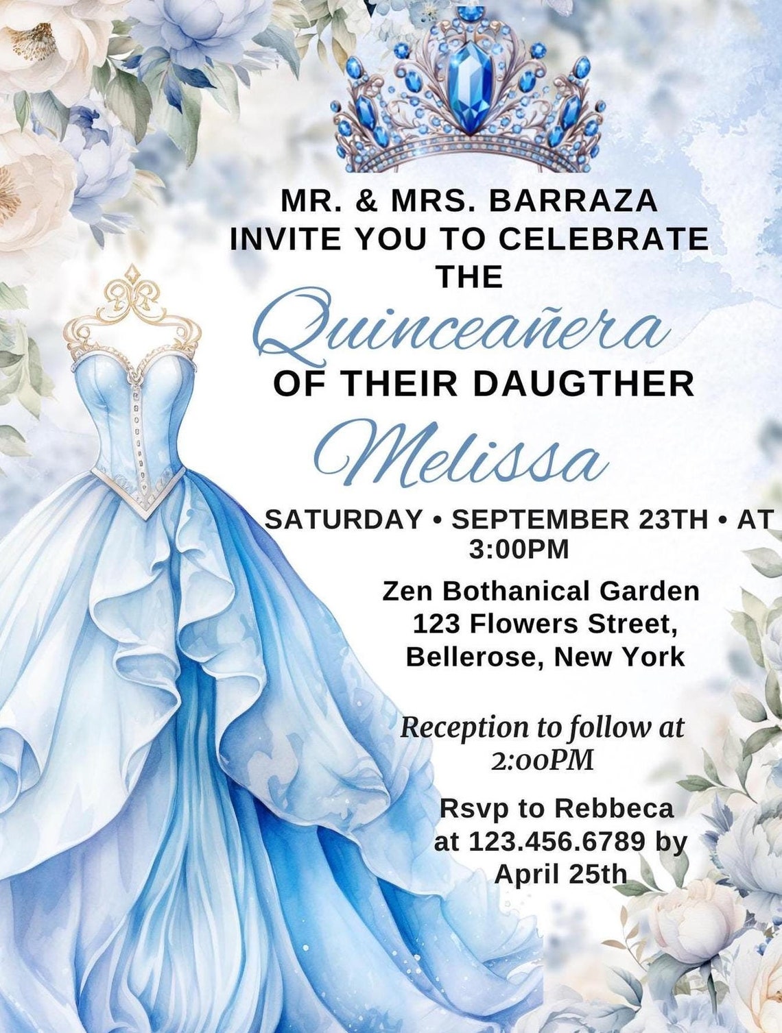 Light Blue Editable Princess Quinceanera Invitations With Canva ...