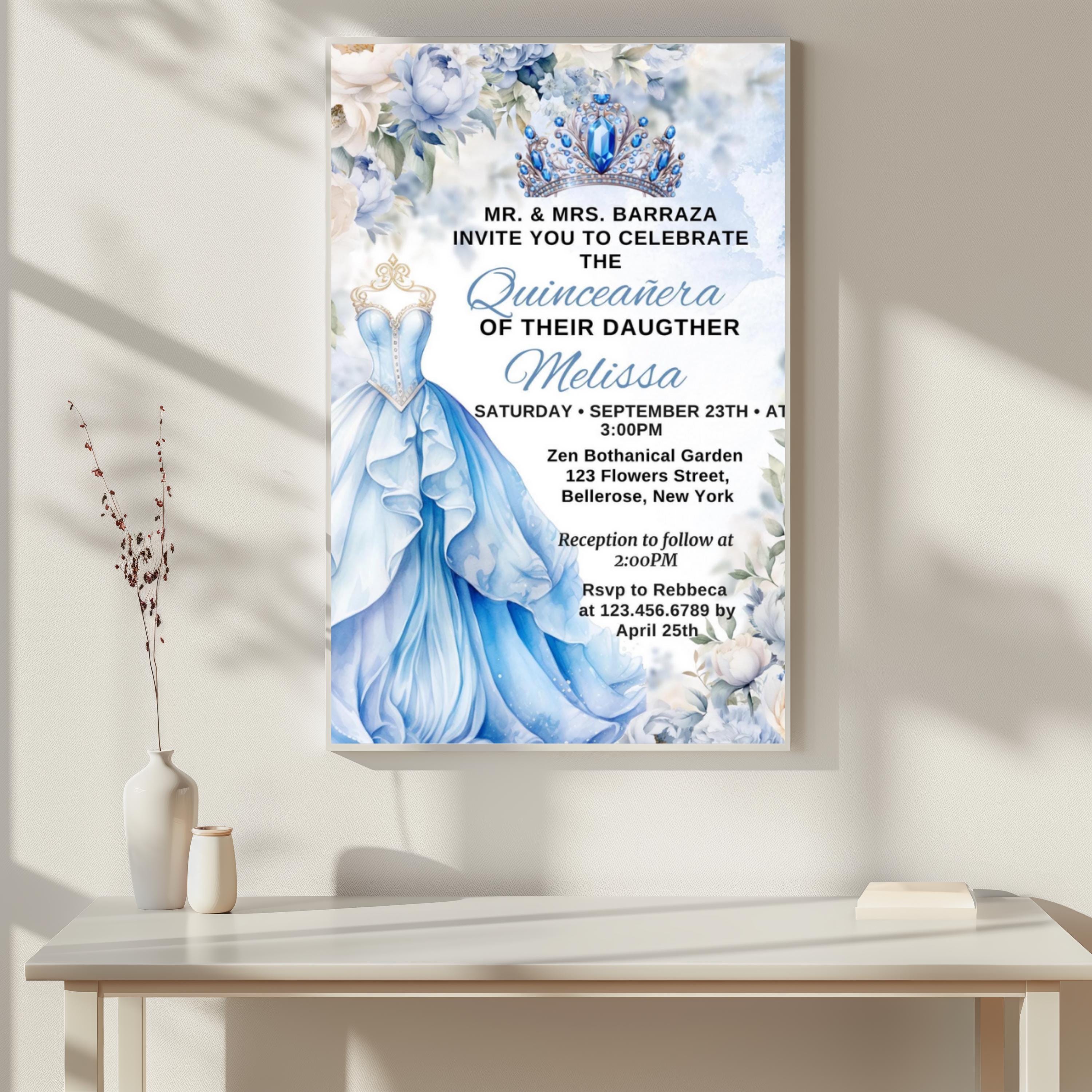 Light Blue Editable Princess Quinceanera Invitations With Canva ...