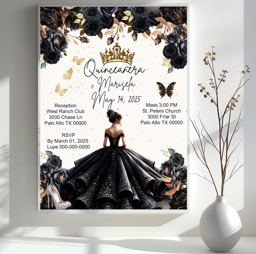 Editable Digital Black Dress Quinceanera Invitations Card to Edit With ...