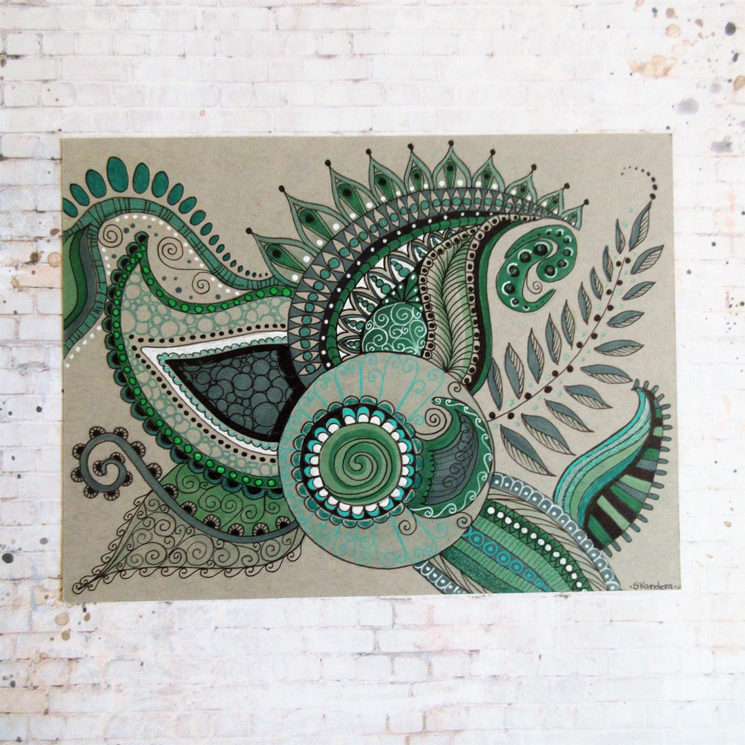 Green Abstract Art: Hand-drawn Zentangle Mandala (6x8) - Etsy