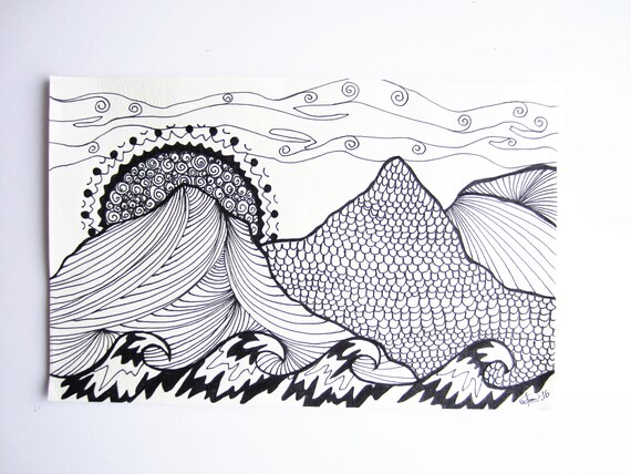 Sea to Sky illustration pen and ink drawing black and white | Etsy