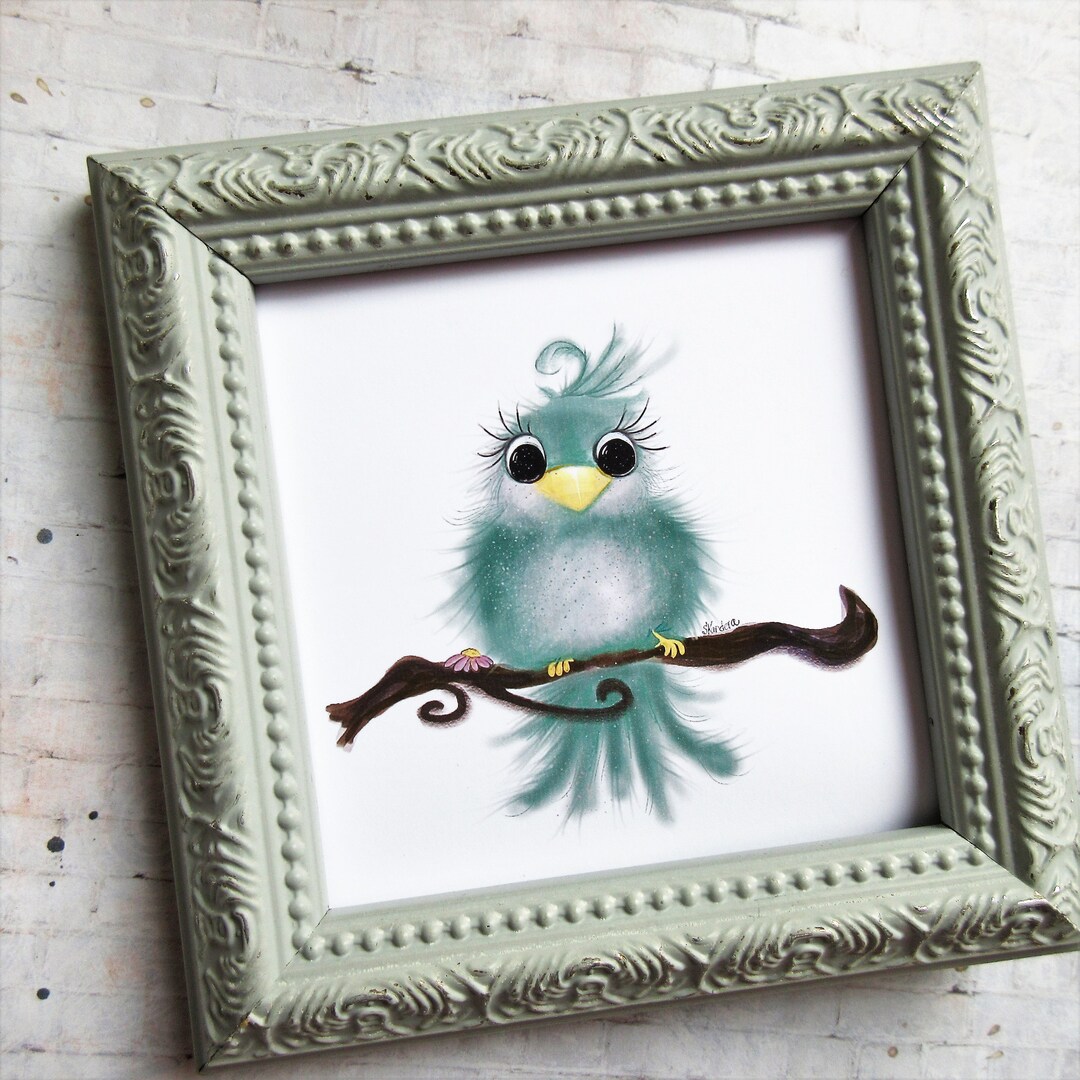 Chubby Bird Art Print, Green Furry Bird, Whimsical Baby Bird Decor ...