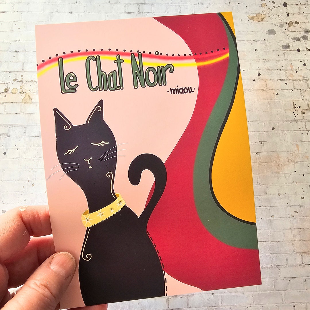 French Cat Art, Black Cat Illustration, Cat Art Print, Colourful Art ...