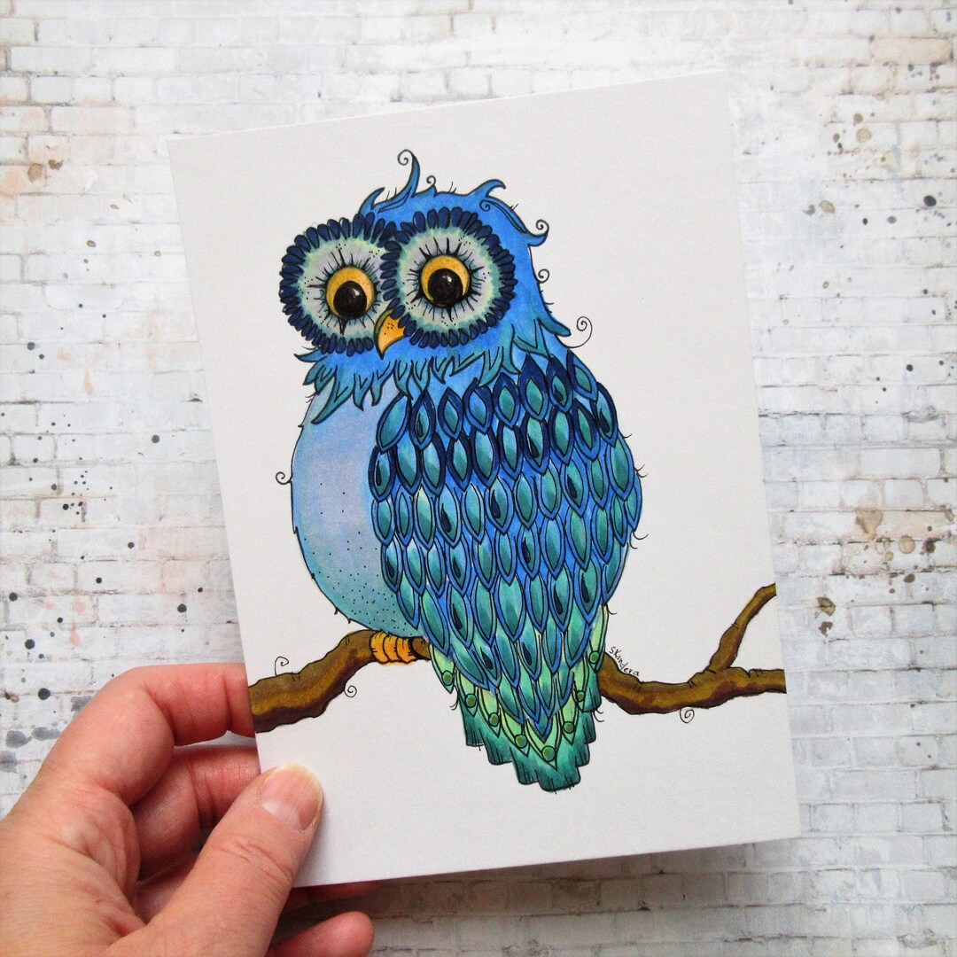 Blue Owl Illustration, Owl Art, Bird Decor, Blue Decor, Hand Drawn Art ...
