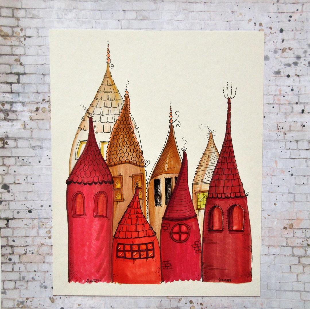 Whimsical Red Rooftops Drawing: Original Marker Illustration, Colorful ...