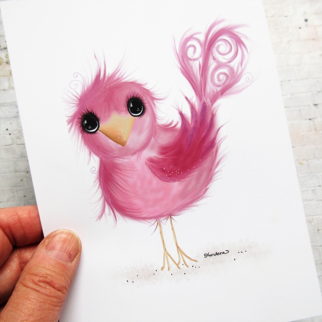 Fluffy Pink Bird Art, Pink Bird Art Print, Pink Wall Decor, Whimsical ...