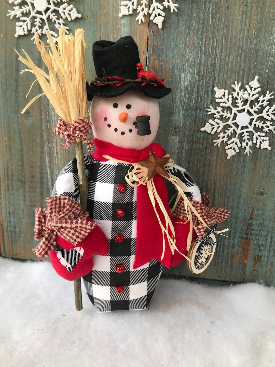 Vintage Look Buffalo Plaid Snowman-old Time Snowman With Pipe - Etsy