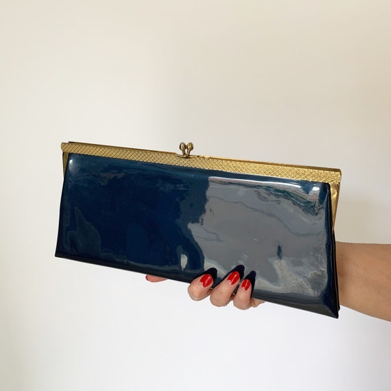 1960s Navy Blue Patent Leather Clutch Bag - Gem