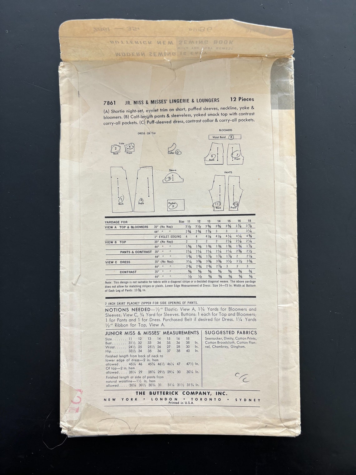 1956 Butterick 7861 Sewing Pattern Jr. Miss & Misses' Lingerie and ...