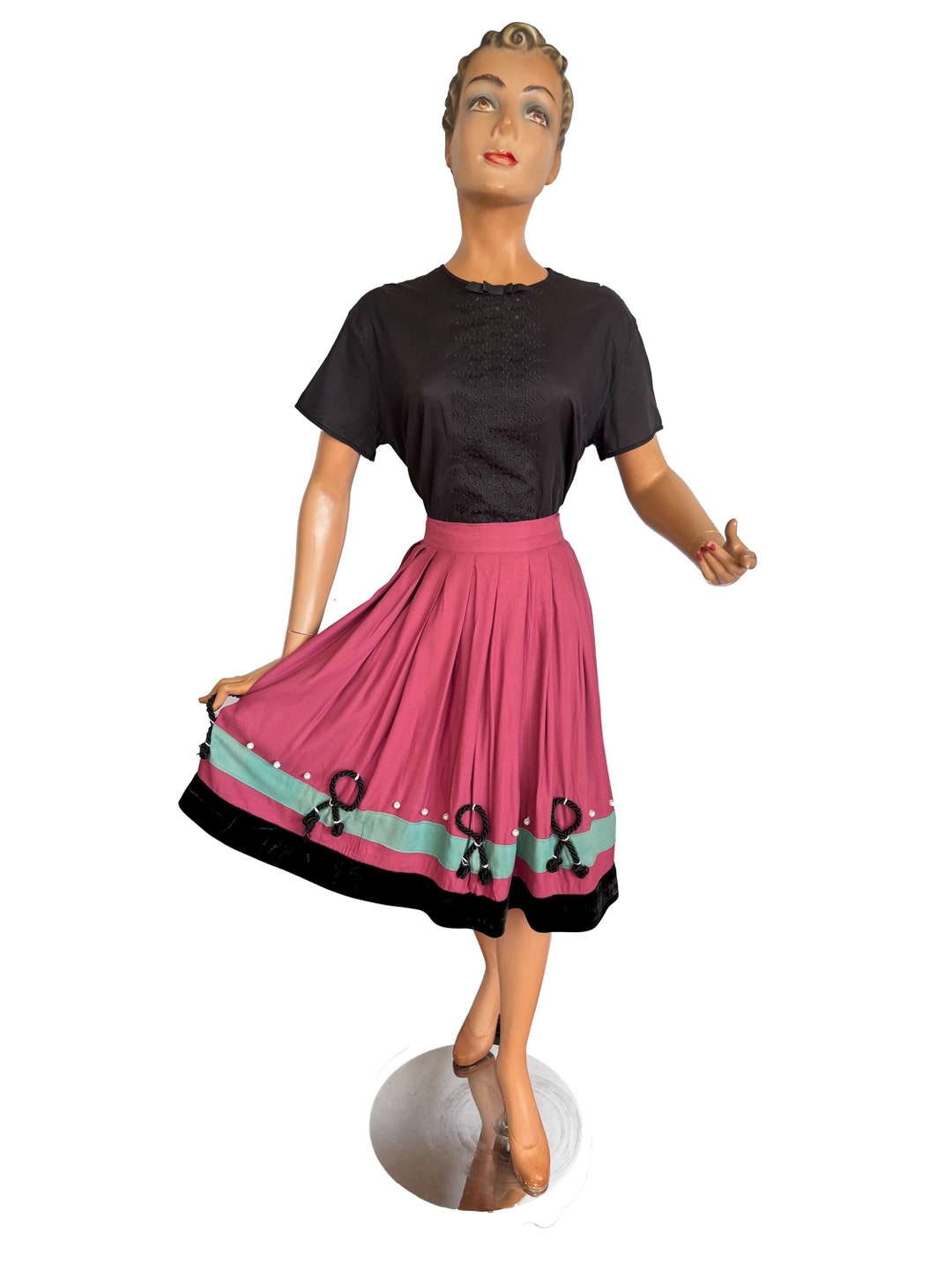 1950s Homemade Skirt in Pink and Mint Green With Black Velvet Strip ...