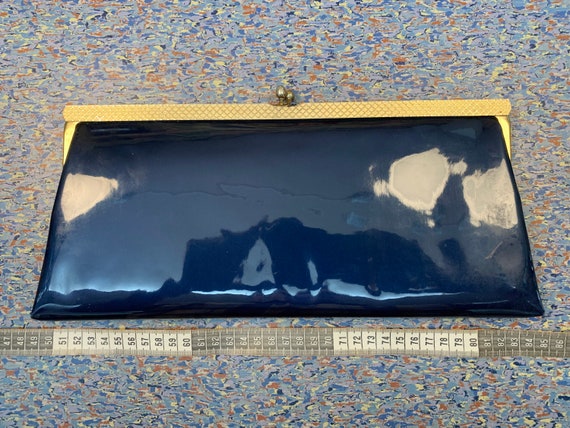 1960s Navy Blue Patent Leather Clutch Bag - Gem