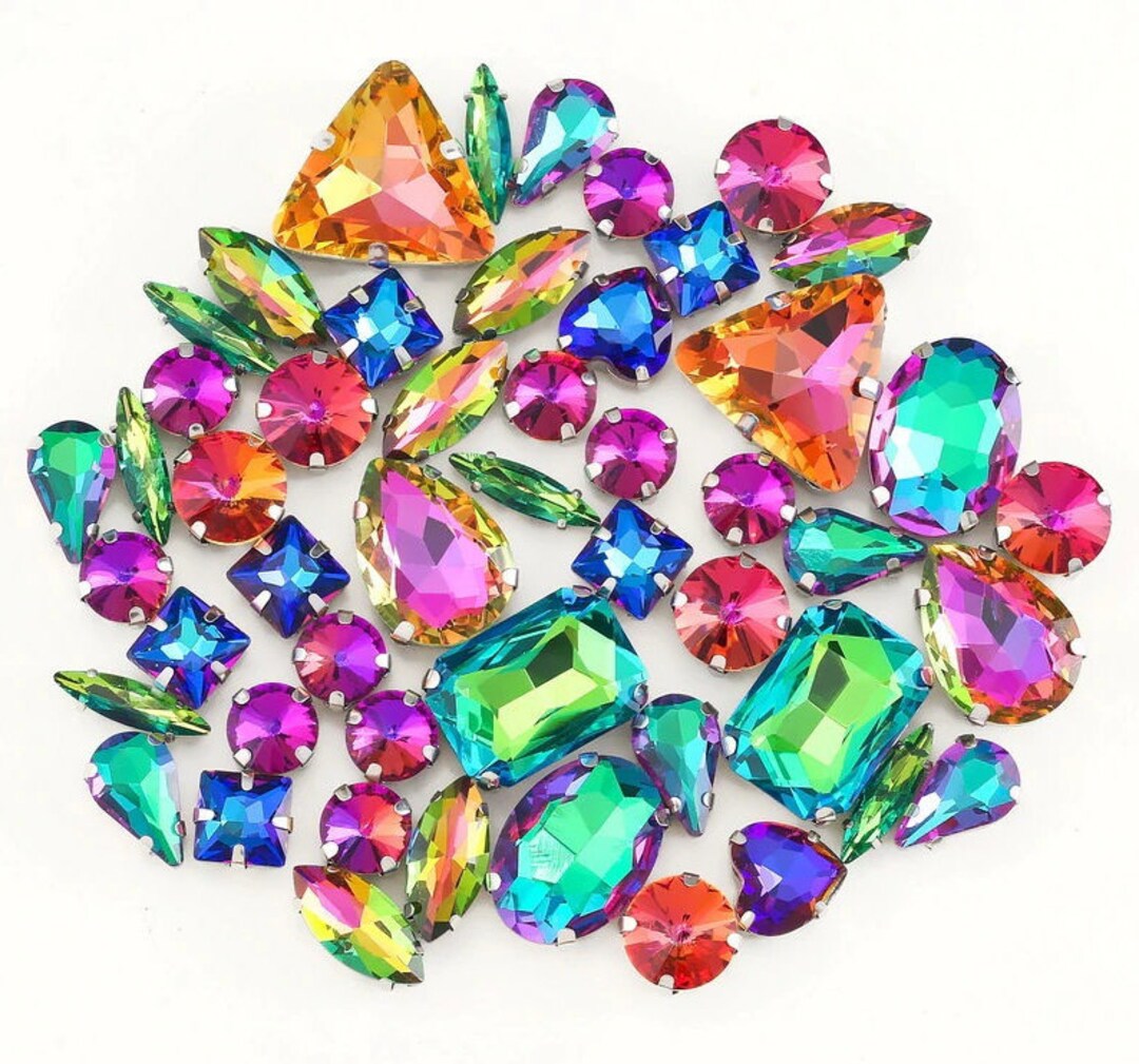 50 Pcs / Set of Rainbow Color Mixed Shapes & Sizes Sew on Rhinestones ...