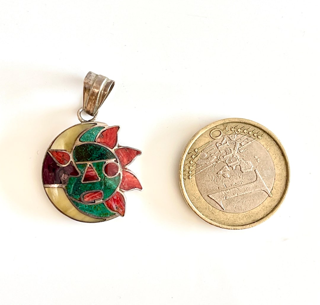 Mexican Sun God Pendant Vintage 950 Stamp Sterling Silver Multi Colour ...