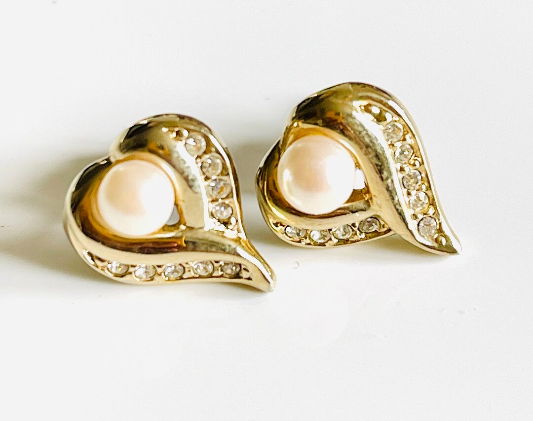 80s Designer Earrings Heart Shape Pearl Gold Strass Post Studs for ...
