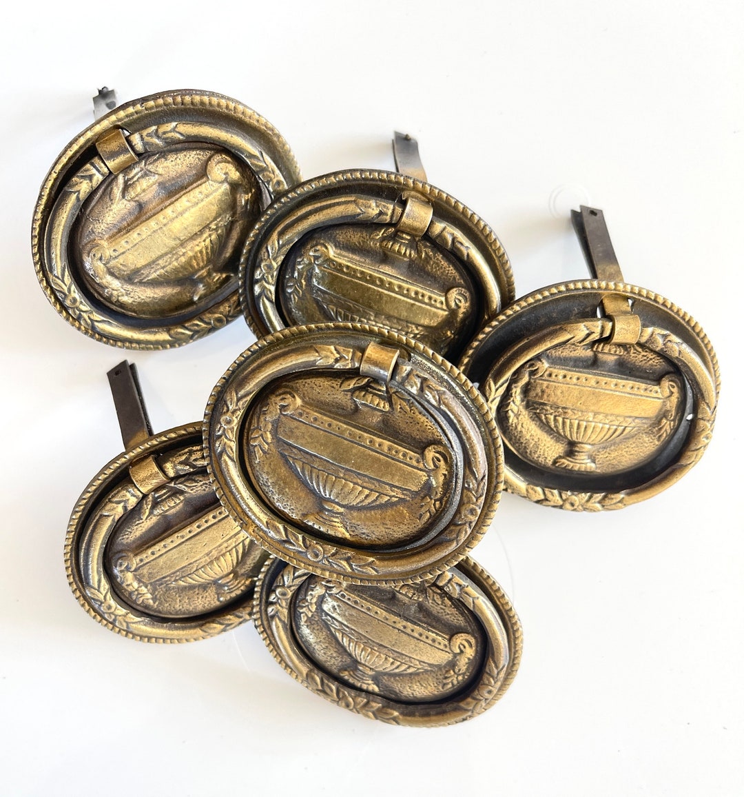 Ring Pulls French Antique Ornate Brass Urn Motif Metal Salvage Handles ...