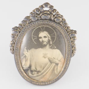 Antique Miniature Christ Framed Portrait Jesus Oval Metal Stand up ...