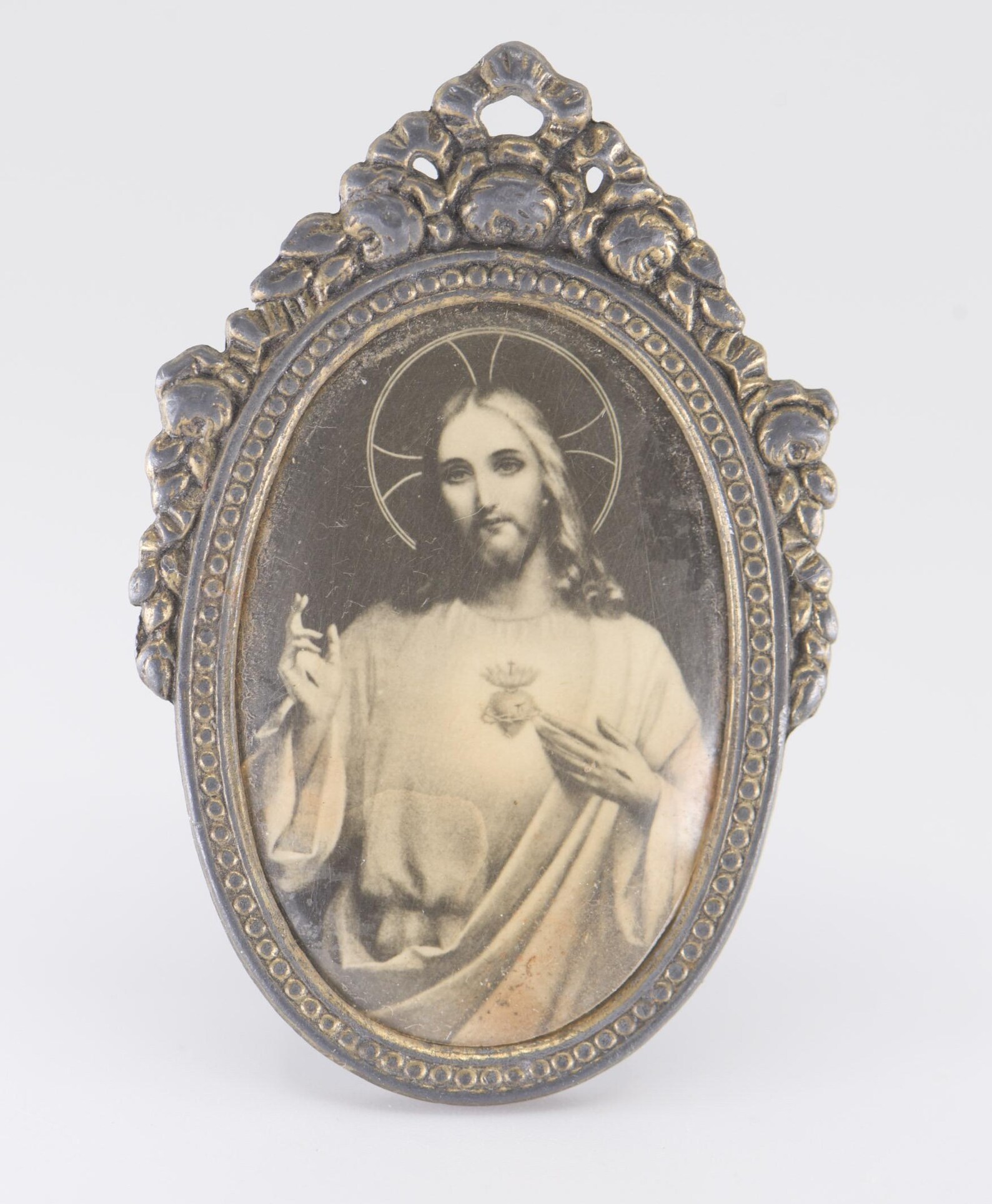 Antique Miniature Christ Framed Portrait Jesus Oval Metal Stand up ...