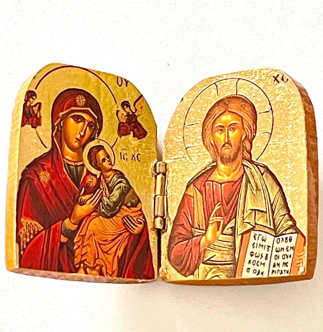 Icon Religious Wood Carved Miniature Diptych Hinged Book for Table ...