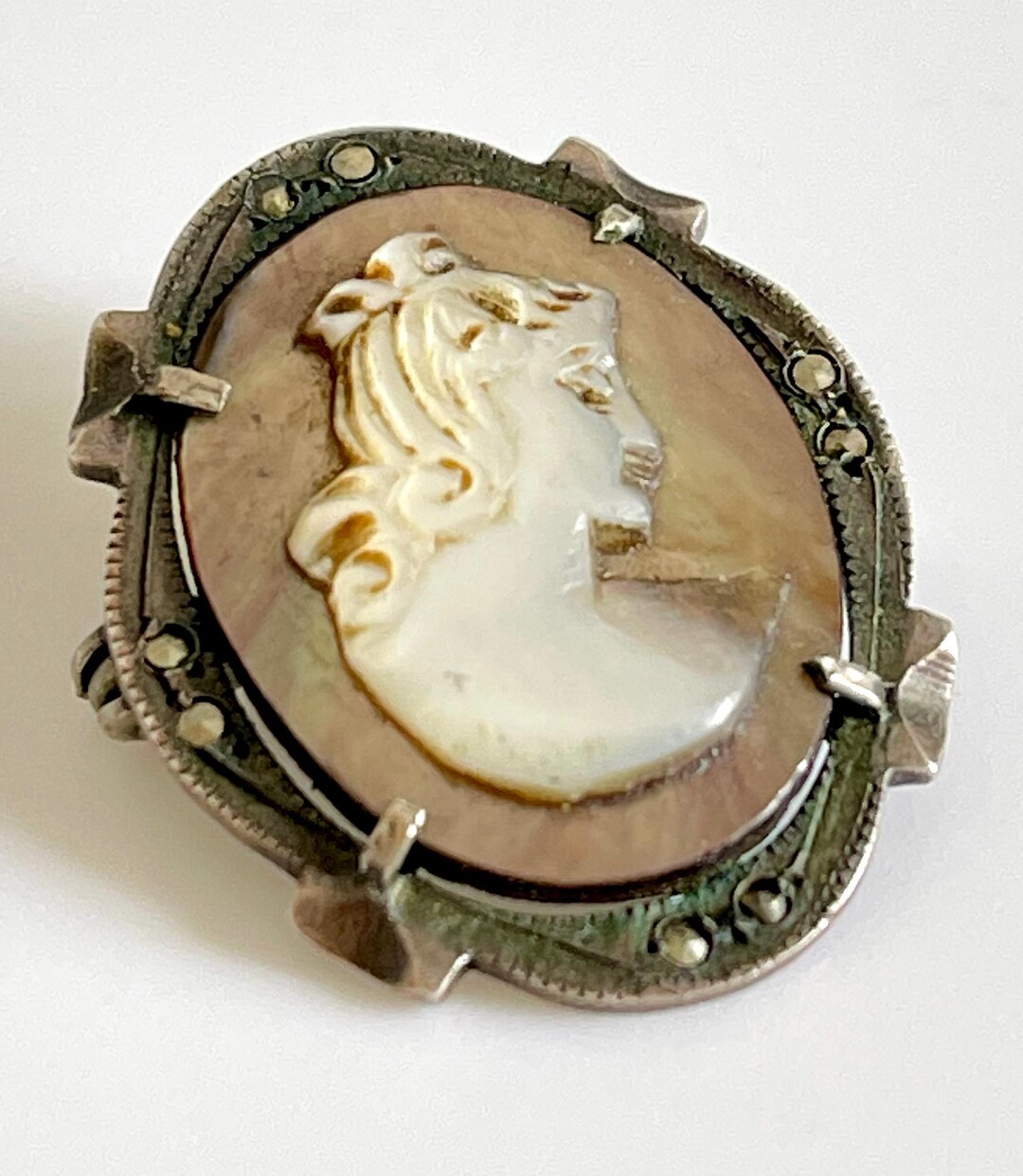 Pendant Pin Antique Silver Hallmark 800 Oval Carved Mother of Pearl ...