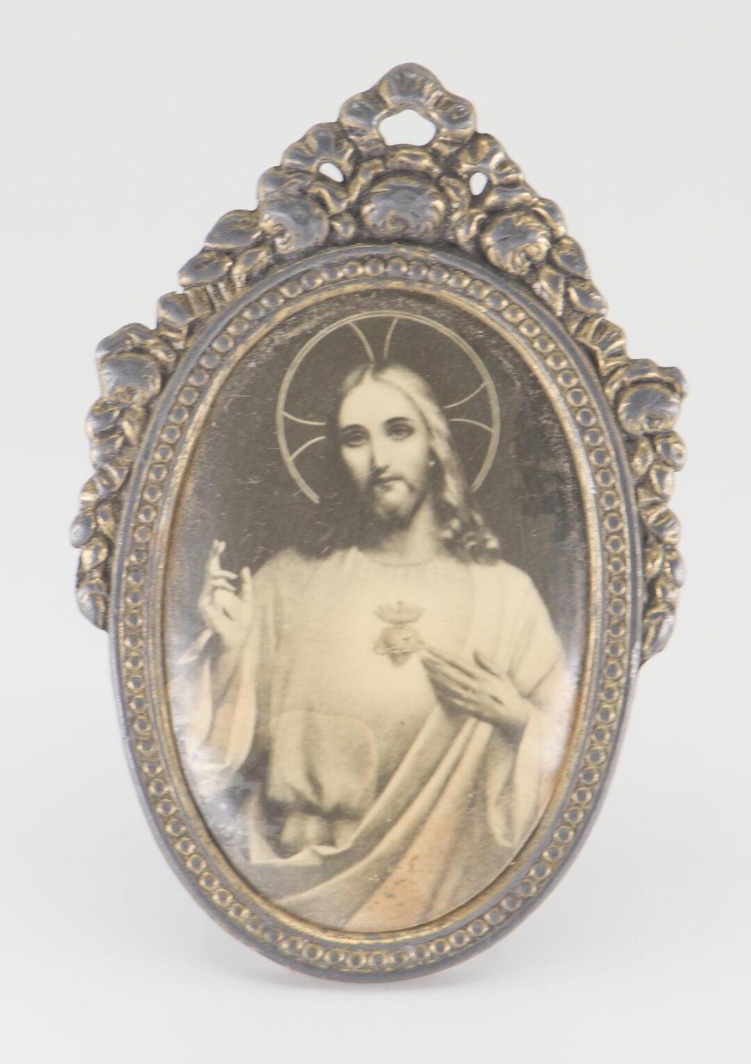 Antique Miniature Christ Framed Portrait Jesus Oval Metal Stand up ...