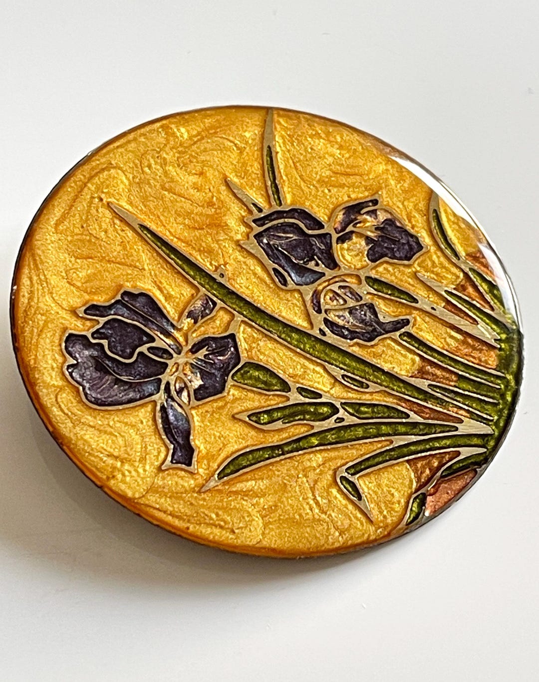 Purple Iris Enamel Inlay Brooch French Vintage Dress Scarf Pin Round ...