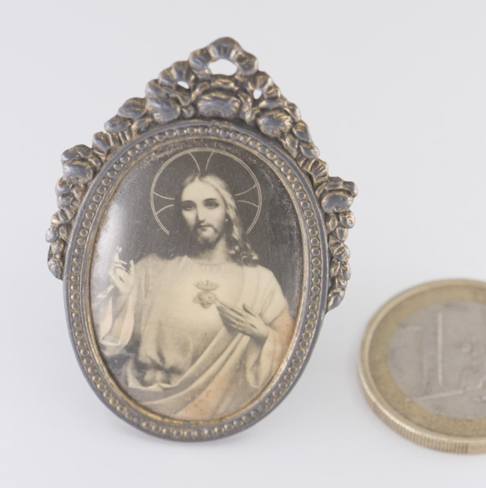 Antique Miniature Christ Framed Portrait Jesus Oval Metal Stand up ...