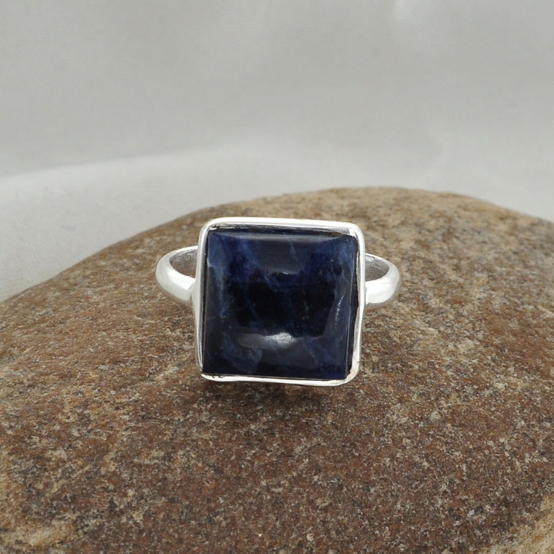 Sodalite Silver Ring, Sodalite 10mm Square Shape Gemstone Ring, 925 ...