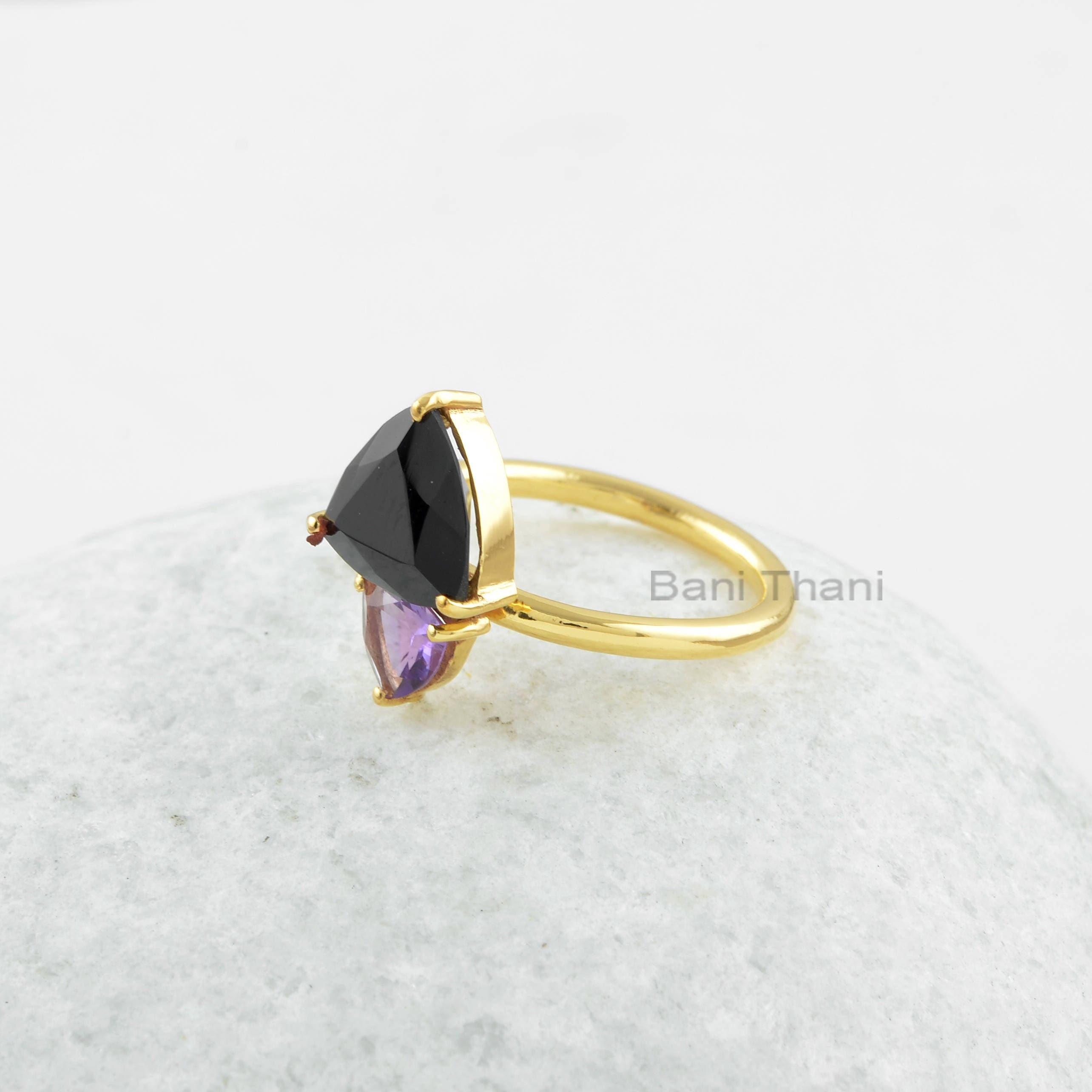 Black Onyx Ring - Onyx 10mm Trillion & Amethyst 6mm Trillion Ring ...