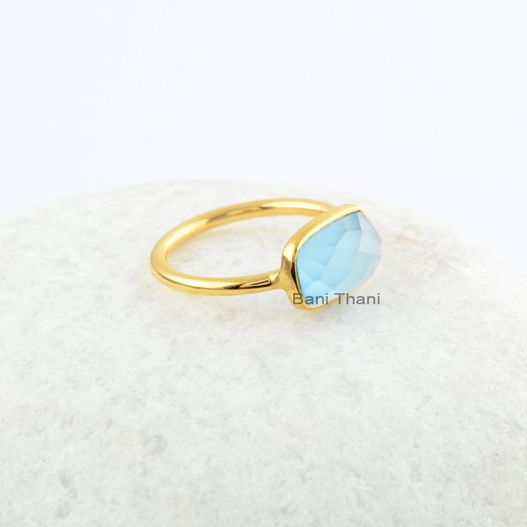 Anillo de piedra preciosa de cojín de calcedonia azul - Anillo de plata ...