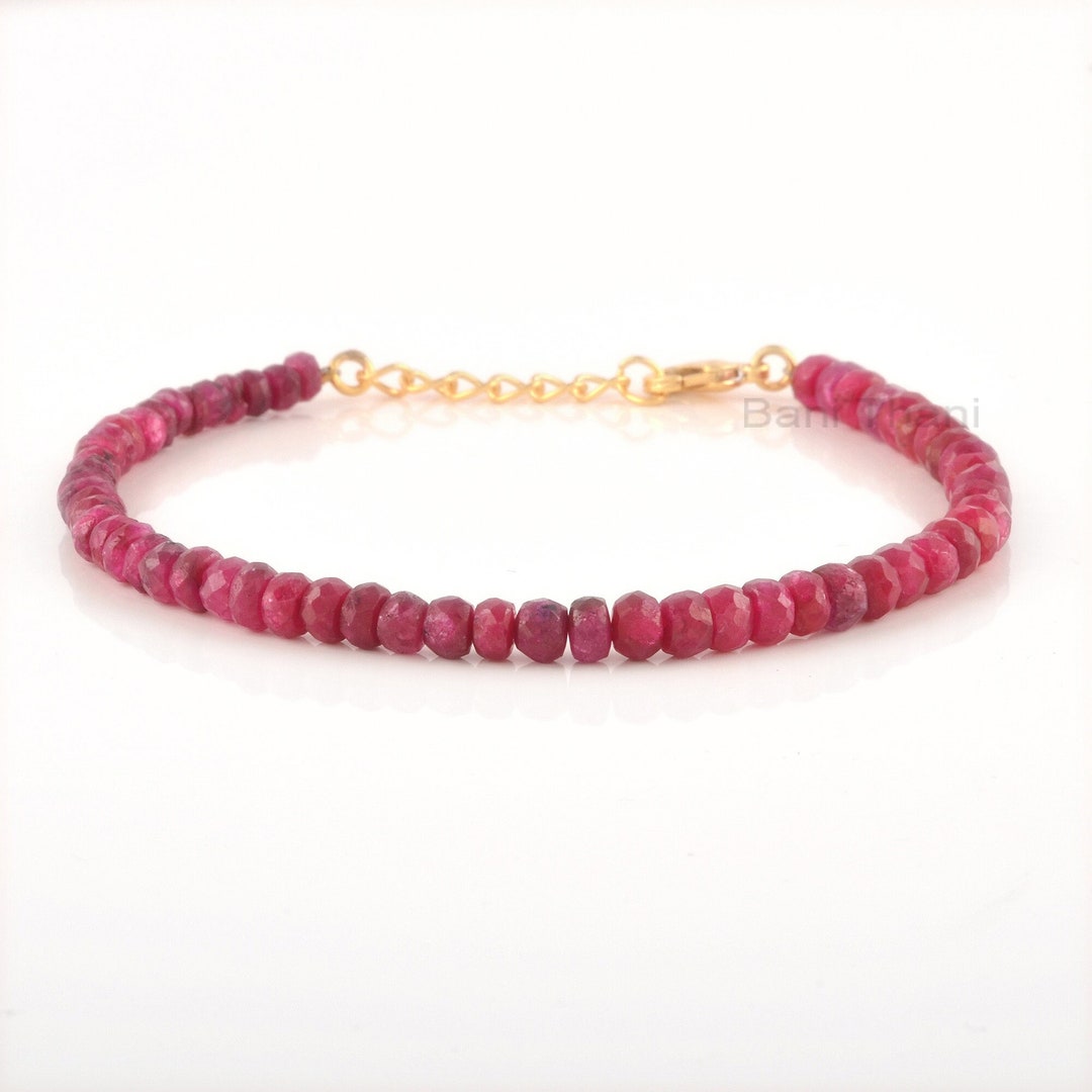 Ruby Beaded Bracelet, July Birthstone Bracelet for Gift, Round Faceted ...