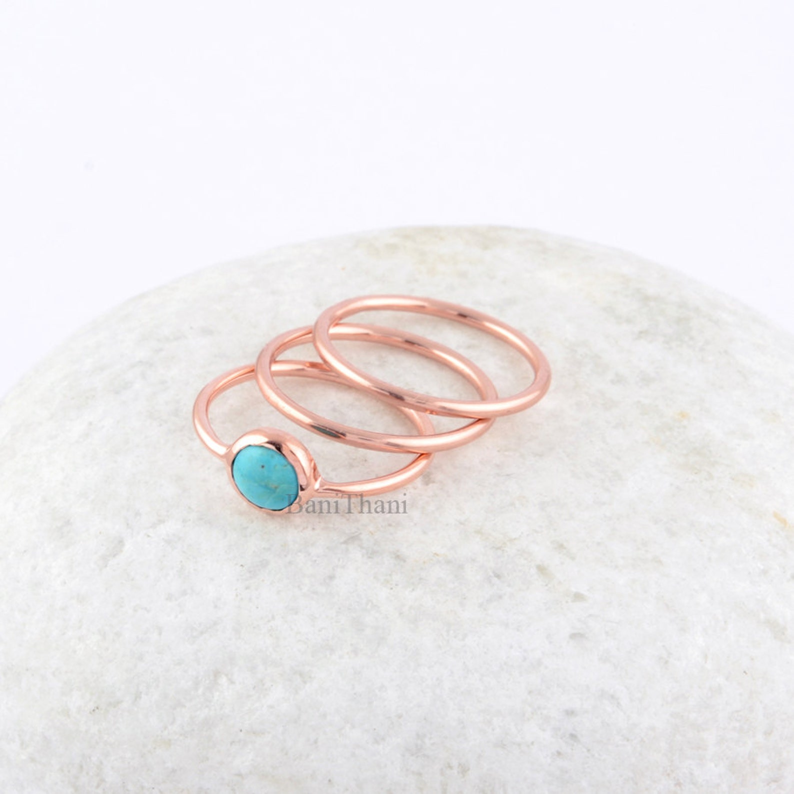 Stackable Tiny Blue Turquoise Round Ring With Two Plain | Etsy